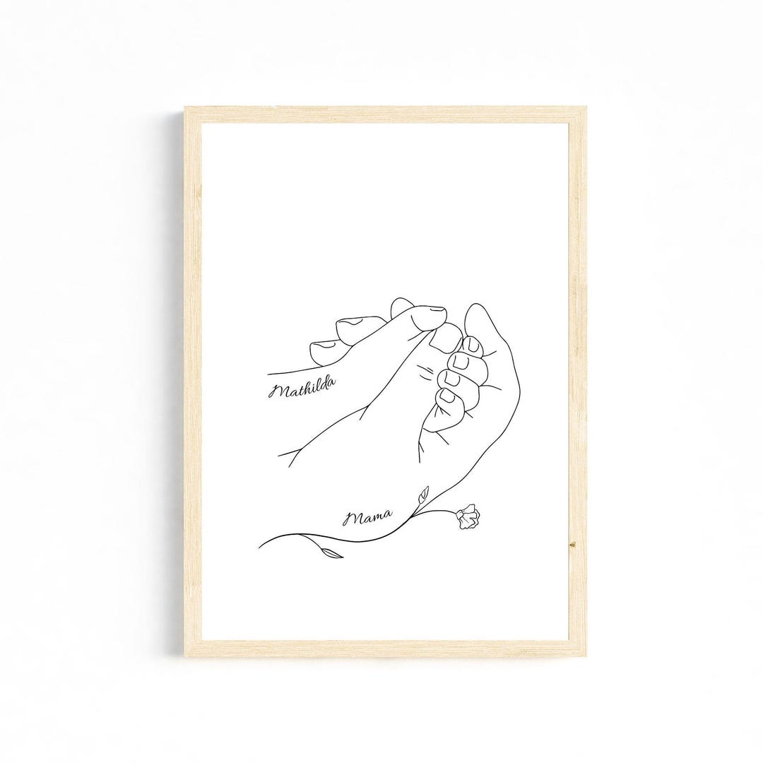 One Line Mom Holding Child's Hand, Personalized Name, Flower, Poster A4 ...
