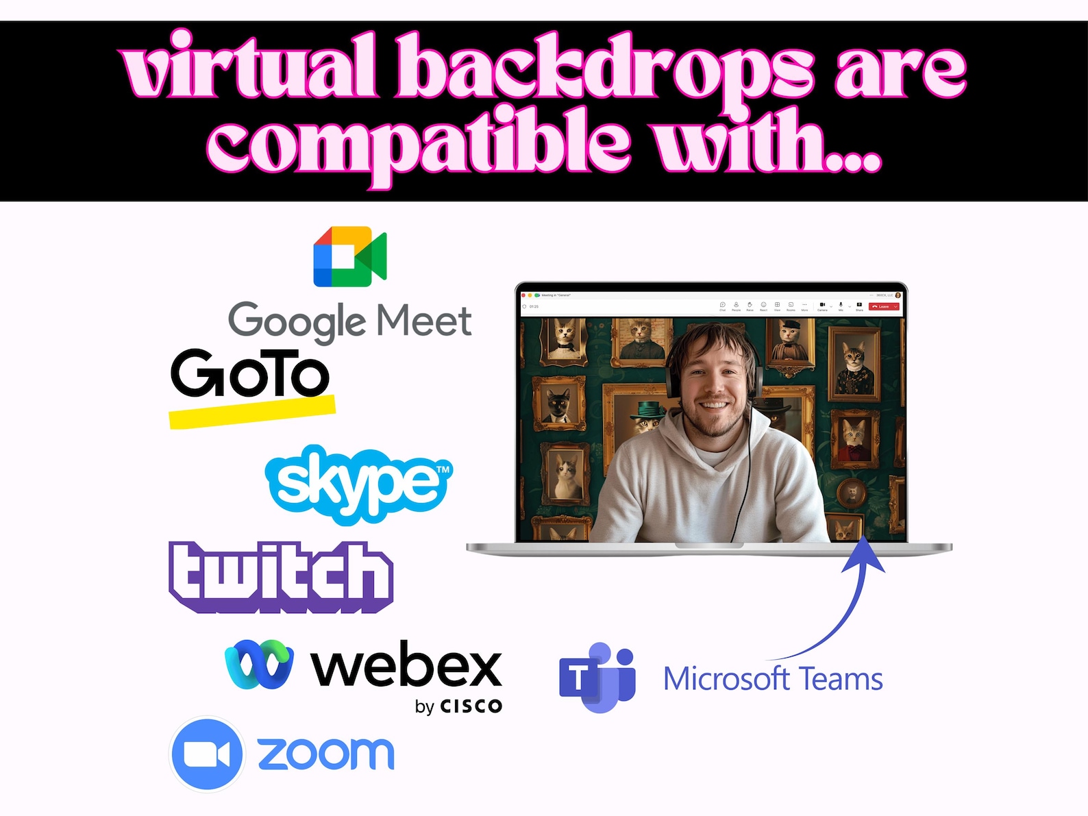 Cat Zoom Background Funny: Cat Portrait Gallery Wall Digital Backdrop ...