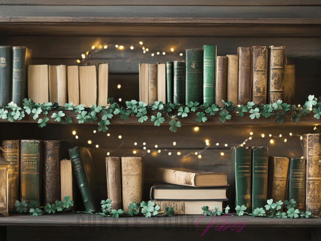 St. Patrick's Day Bookshelf Zoom Background: Shamrock Cottagecore ...