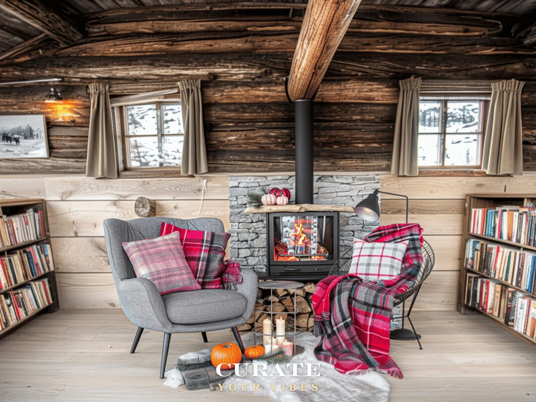 Rustic Cabin Zoom Background: Fireplace & Library, Pink Plaid Fall ...