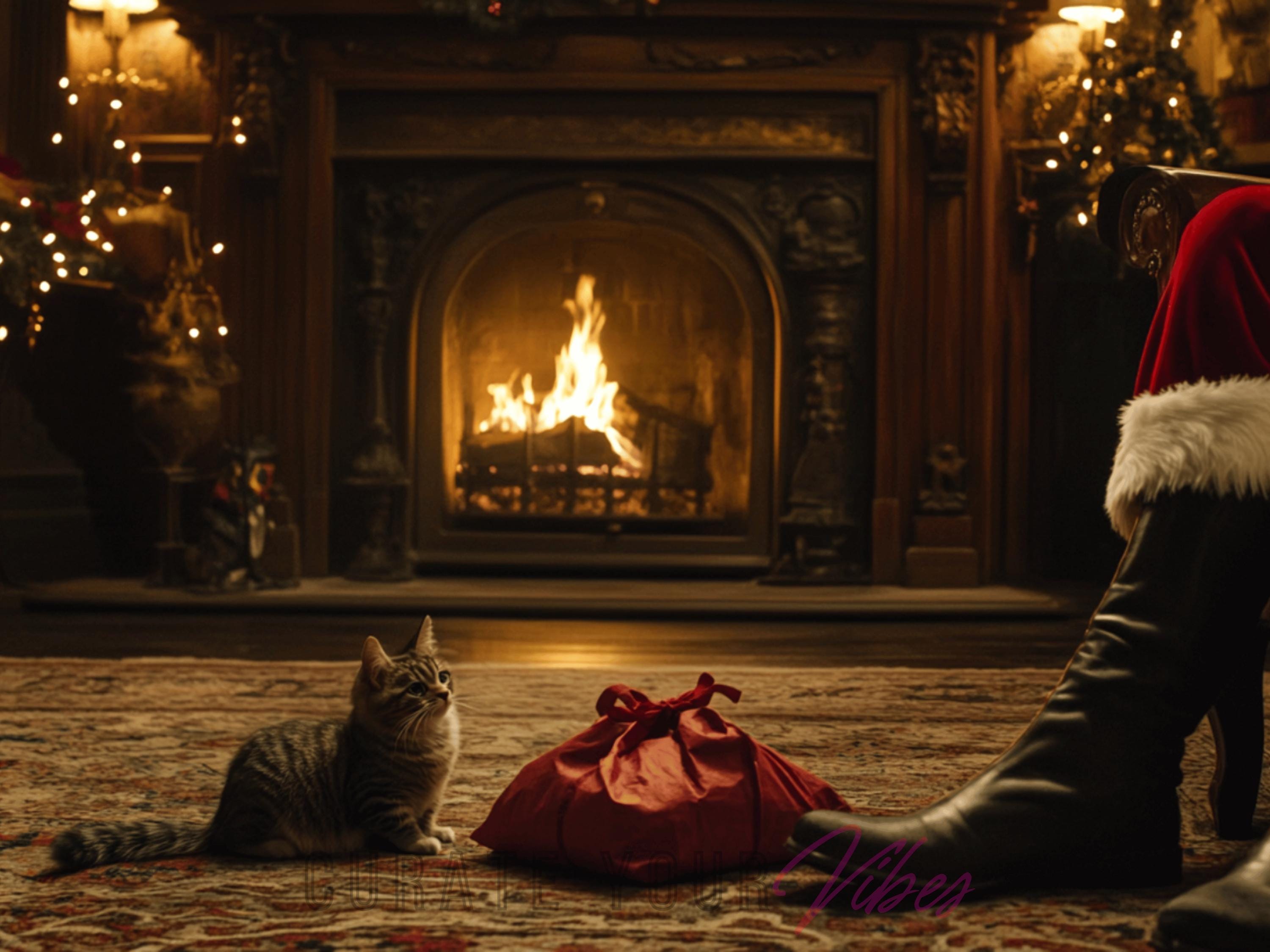 Kitten and Santa Cozy Christmas Zoom Background-funny Holiday Festive ...