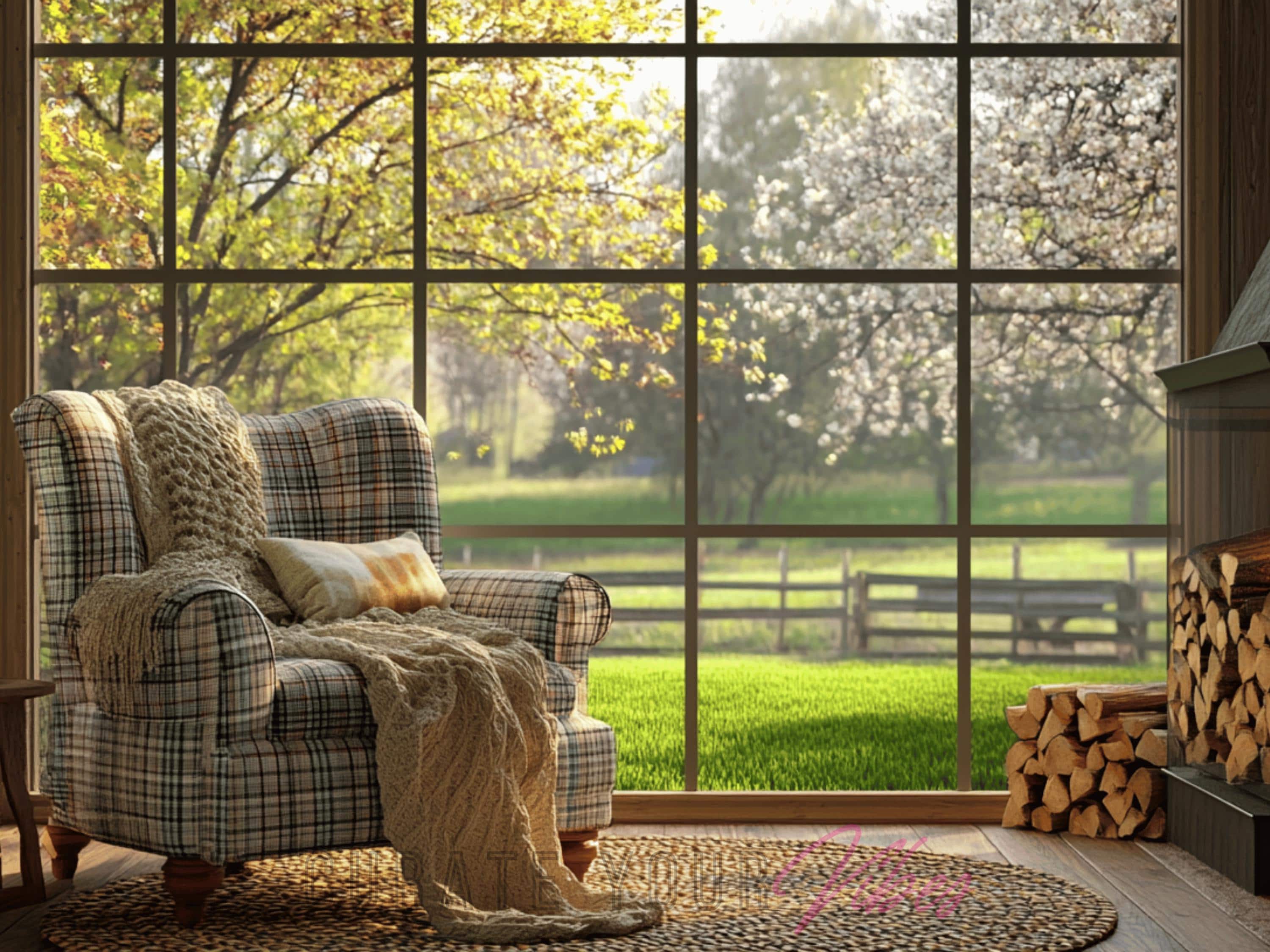 Spring Cozy Cabin Zoom Background, Farmhouse Scene, Blooming Cherry ...