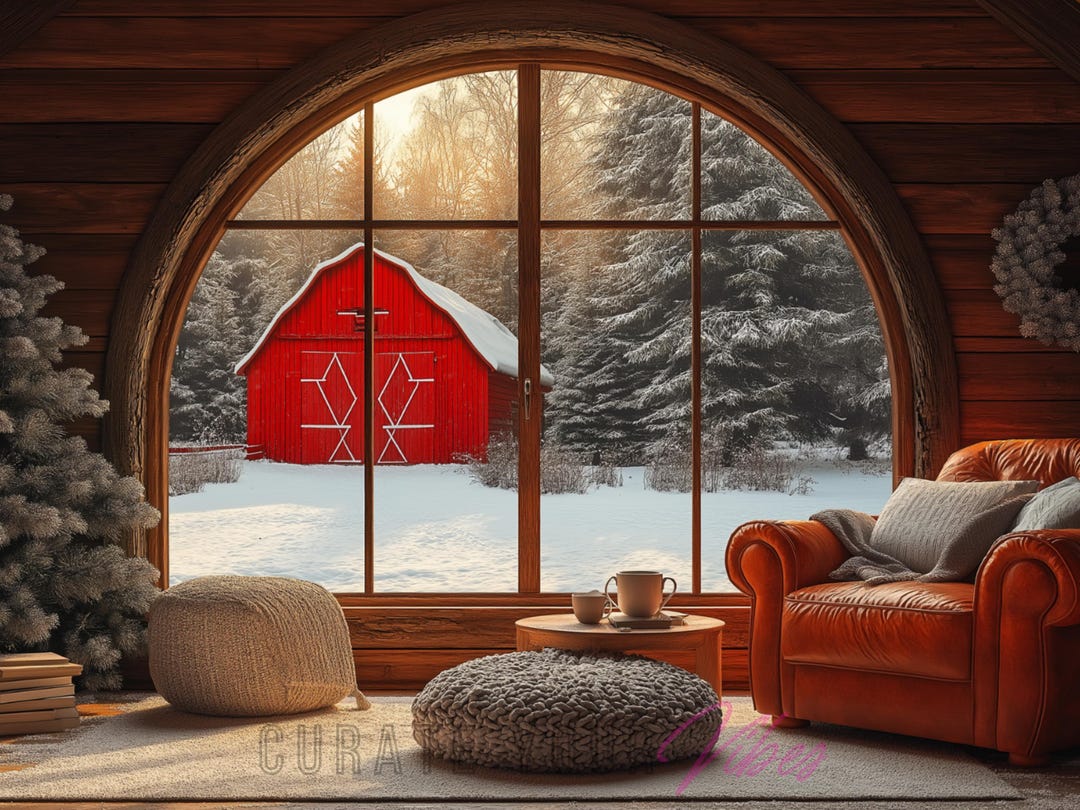 Cozy Rustic Winter Cabin Zoom Background With Snowy Red Barn – Virtual ...