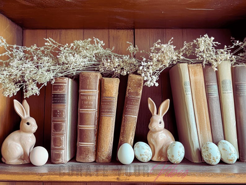 Boho Easter Bookshelf Virtual Background – Cottagecore Springtime Bunny ...