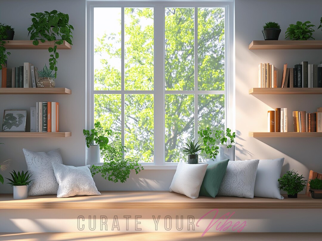 Cozy Minimalist Home Office Zoom Background, Spring Bookcase Backdrop ...