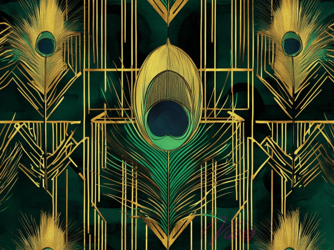 Art Deco Zoom Background - Elegant Emerald Green & Gold Virtual Peacock ...