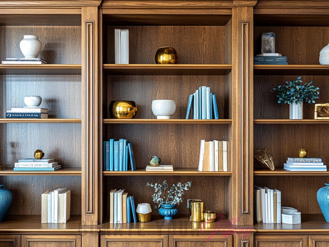 Walnut & Blue Bookshelf Zoom Background | Professional Home Office ...