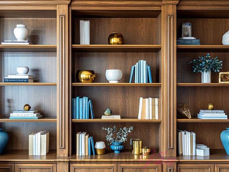 Walnut & Blue Bookshelf Zoom Background | Professional Home Office ...