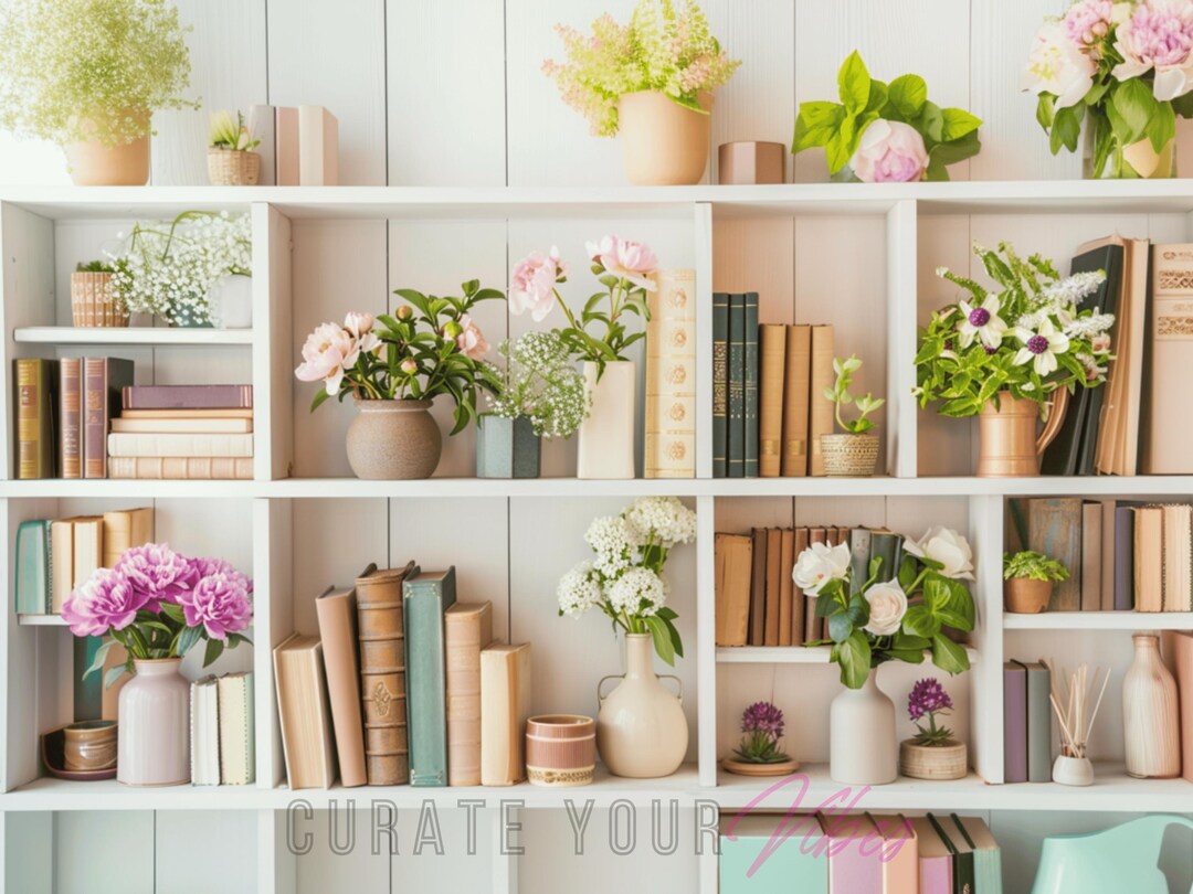 Zoom Background Elegant Spring Interior, Cottagecore Spring Bookshelf ...