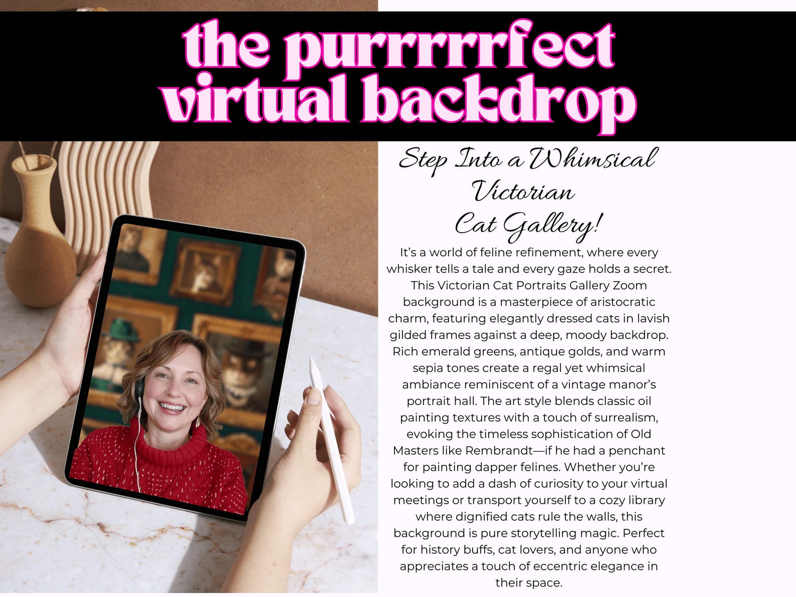 Cat Zoom Background Funny: Cat Portrait Gallery Wall Digital Backdrop ...