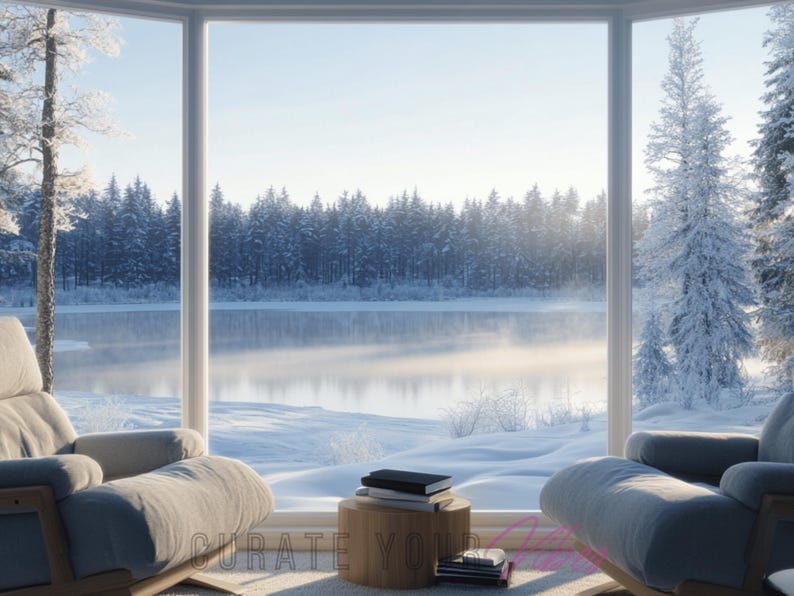 Cozy Winter Zoom Background Serene Snowy Forest & Lake View | Zoom Home ...