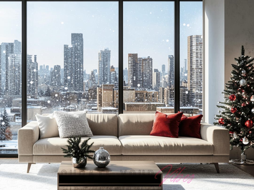 Cozy Winter Zoom Background With Festive Christmas Tree Snowy Cityscape ...