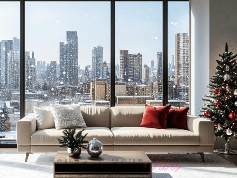 Cozy Winter Zoom Background With Festive Christmas Tree Snowy Cityscape ...