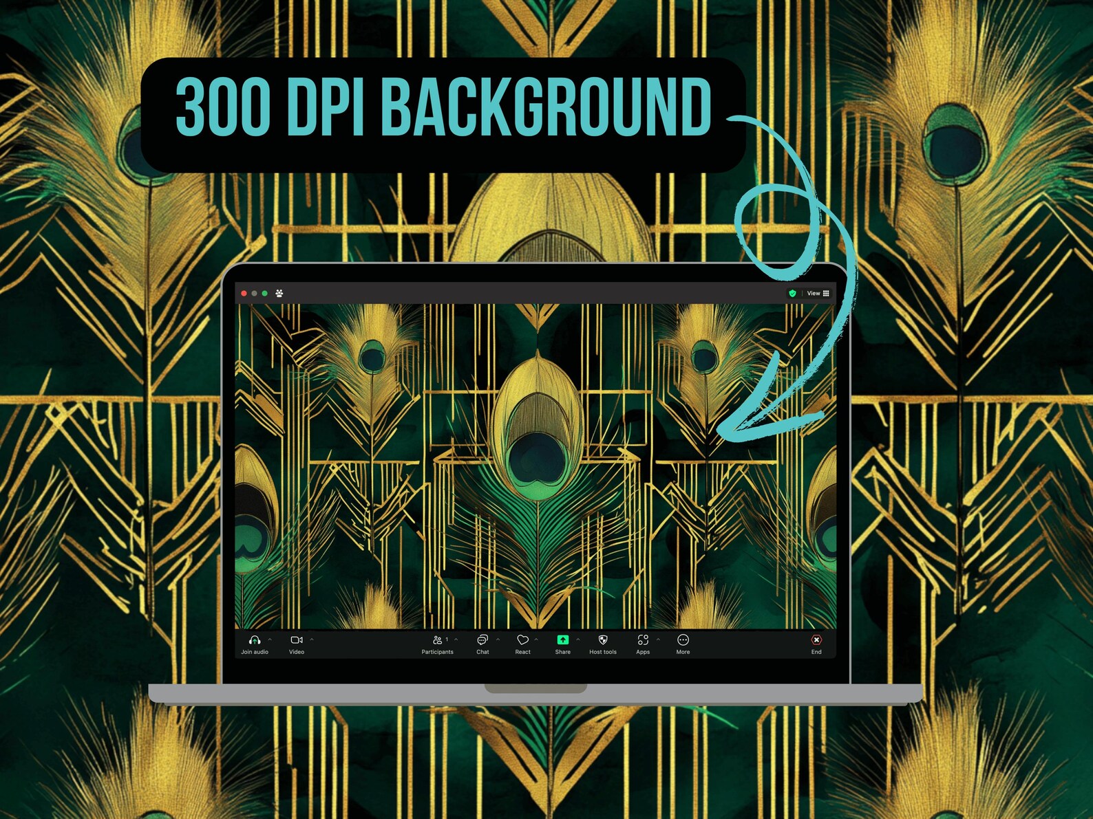 Art Deco Zoom Background - Elegant Emerald Green & Gold Virtual Peacock ...