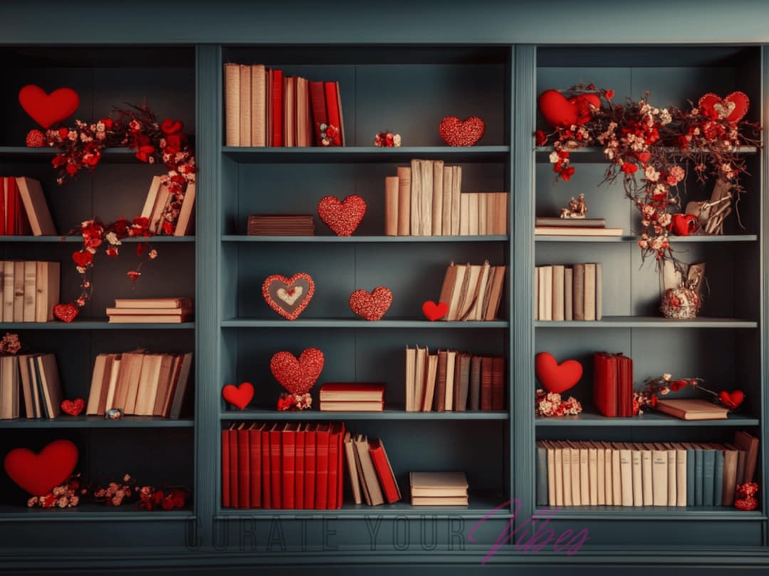 Valentines Day Elegant Green Bookshelf Zoom Background Office Red Teams ...