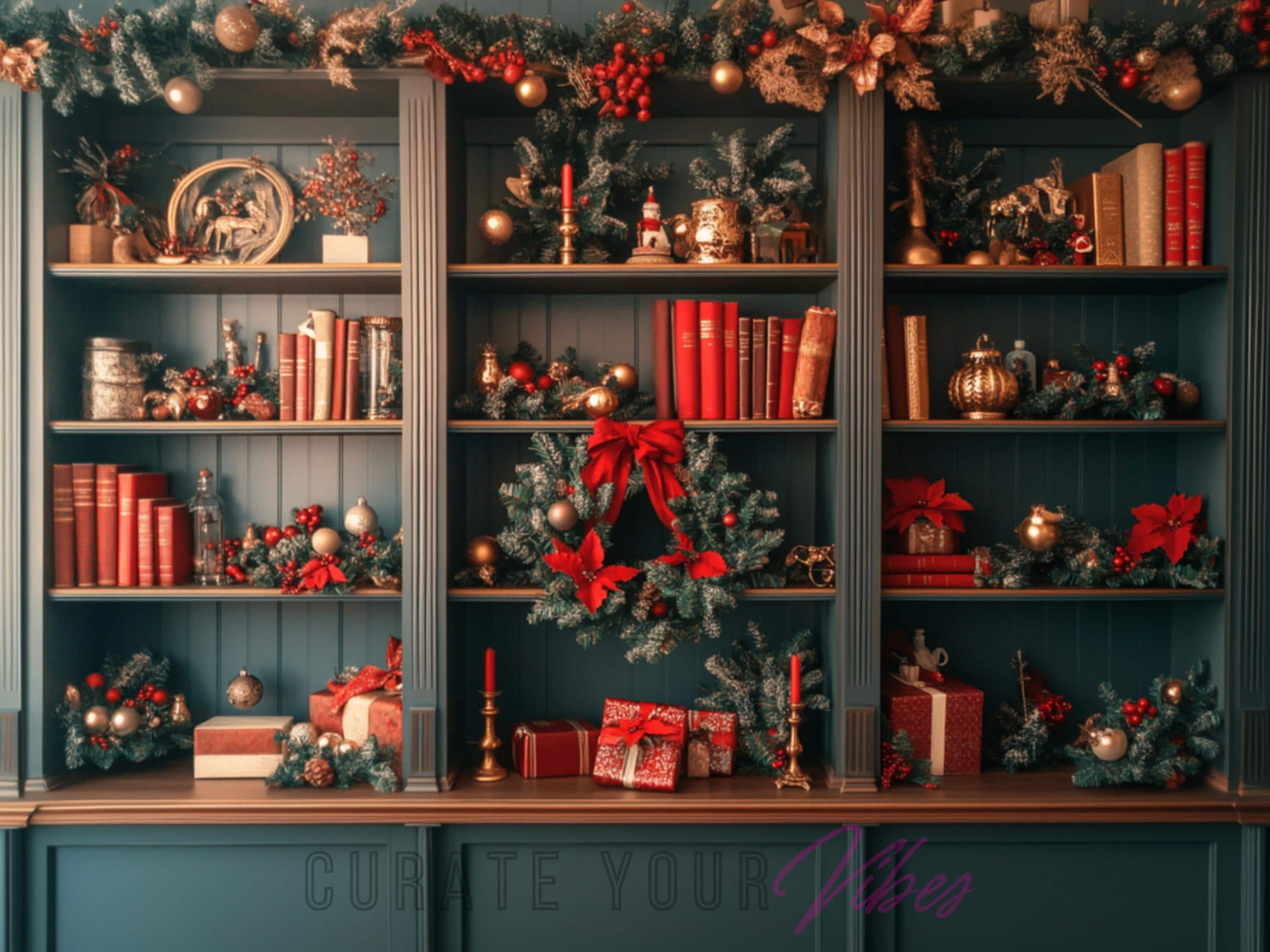 Elegant Green Christmas Bookshelf Zoom Background: Festive Holiday ...