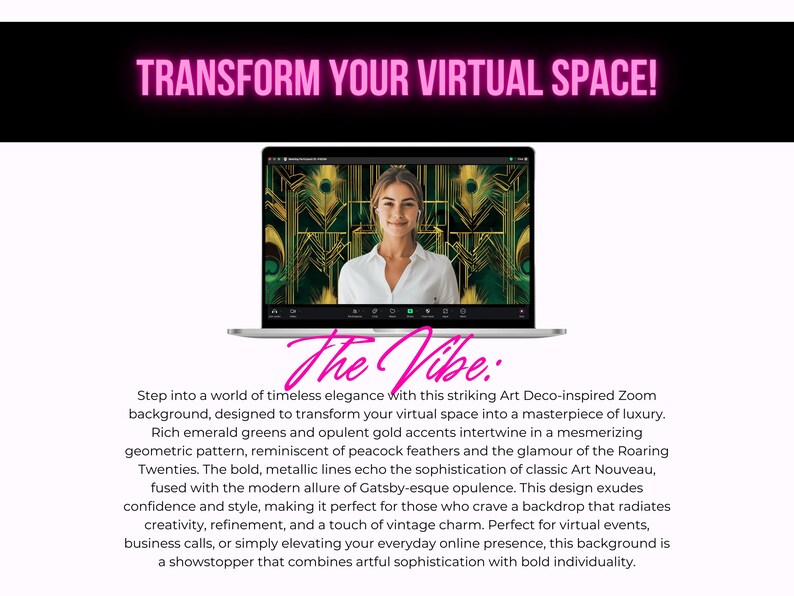 Art Deco Zoom Background - Elegant Emerald Green & Gold Virtual Peacock ...