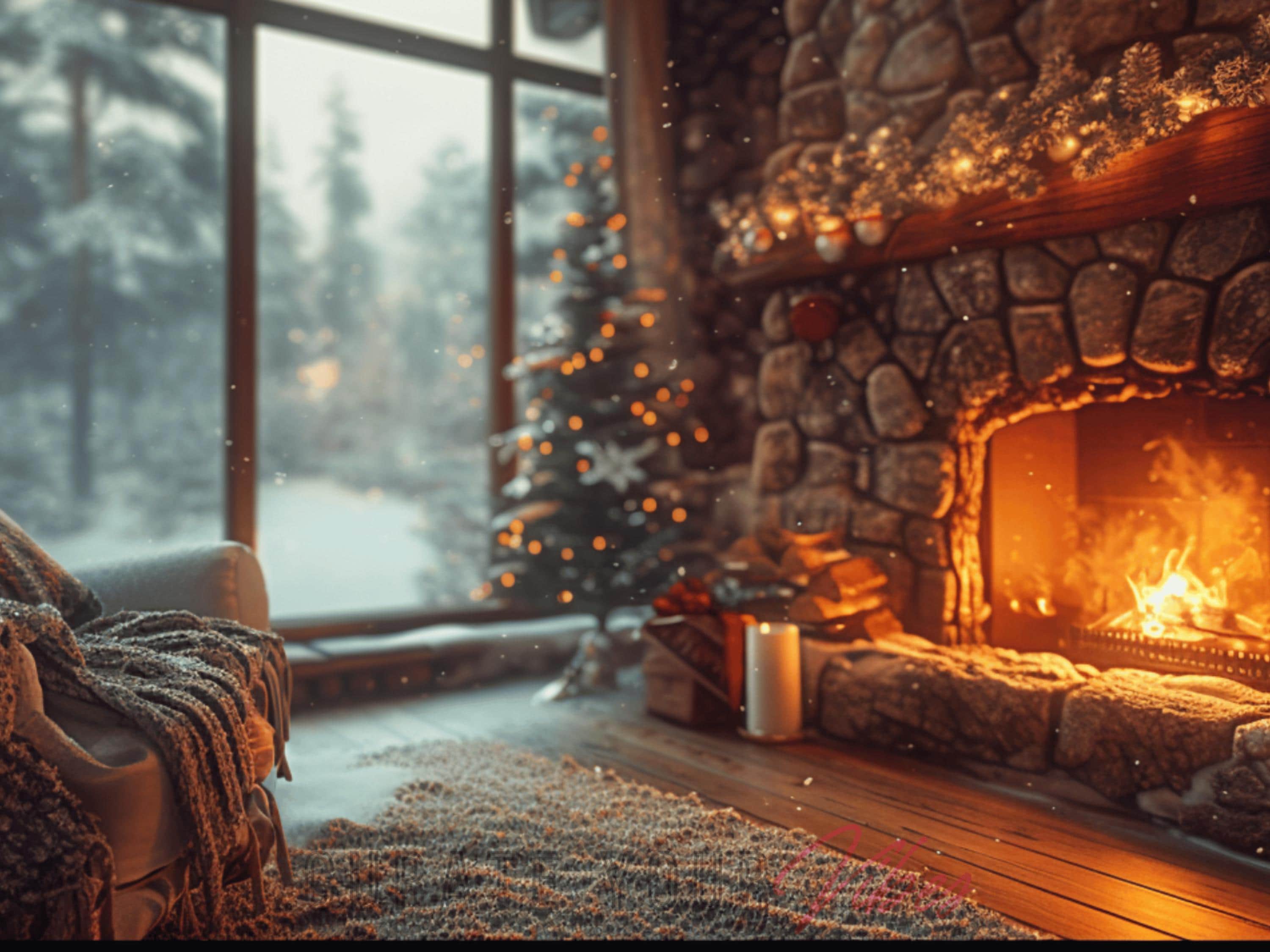 Cozy Winter Cabin Zoom Background With Rustic Fireplace, Snowy Forest ...