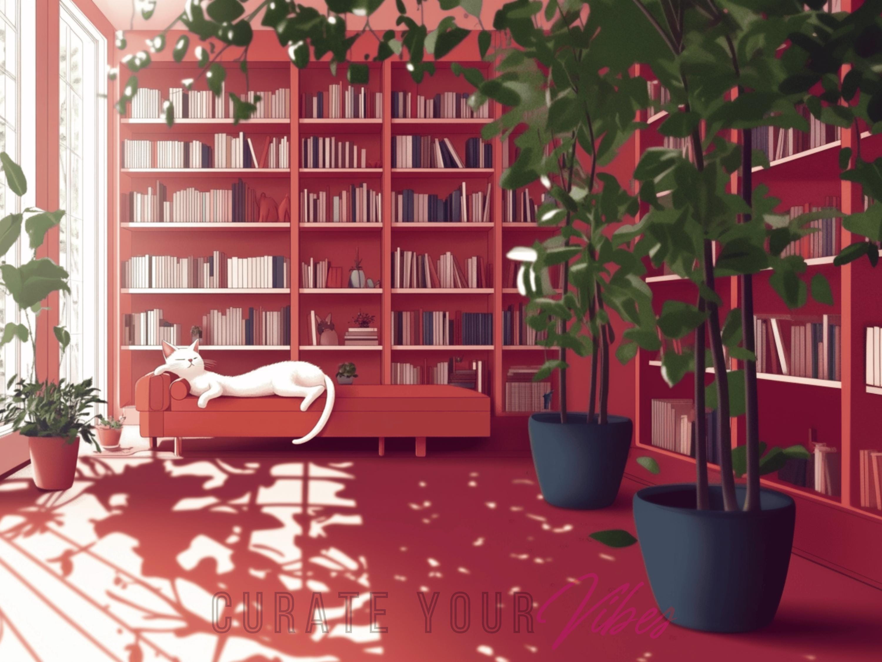 Lofi Library Zoom Background Bookshelf Red Studio Ghibli Inspired Cozy ...