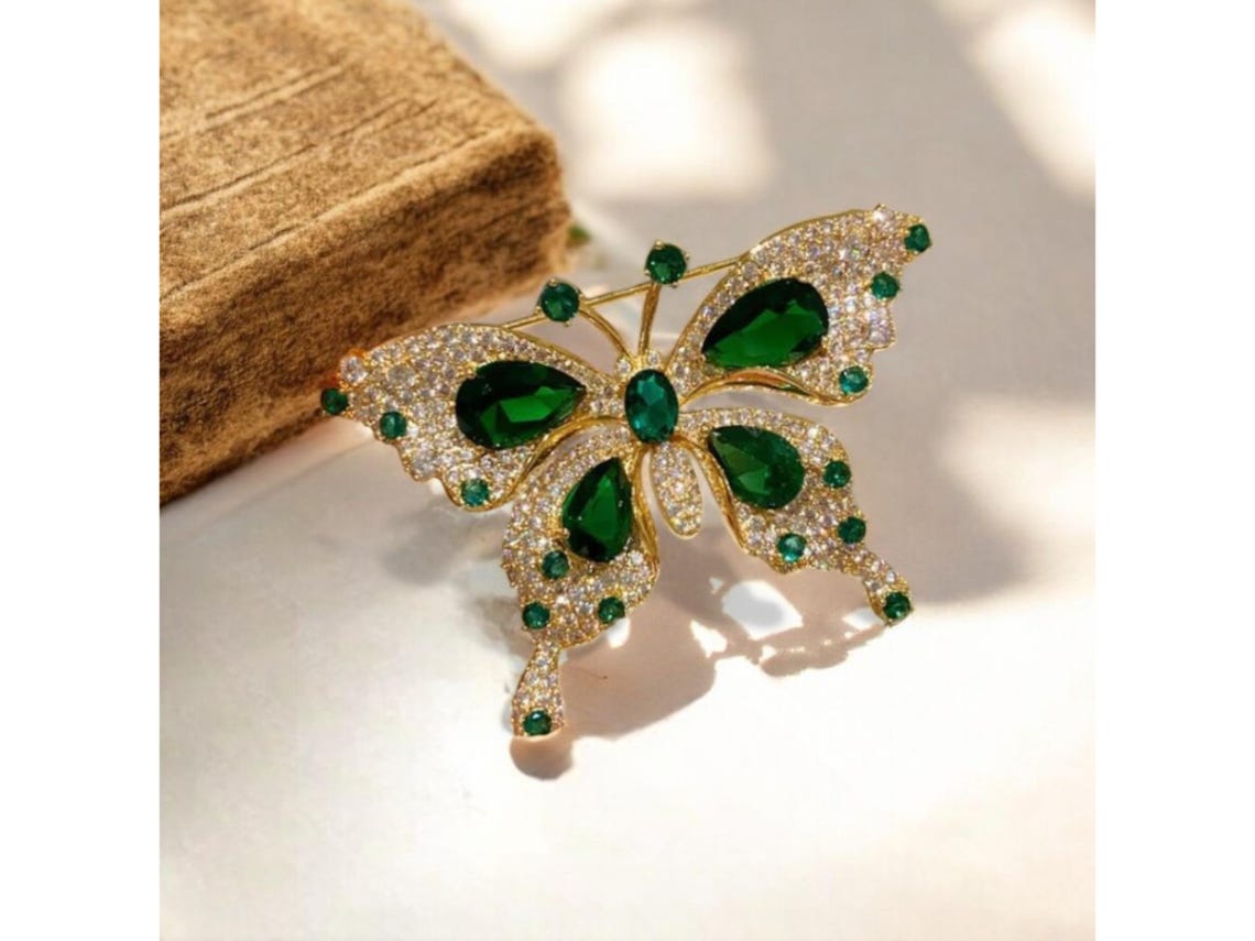 Green Crystal Butterfly Brooch: Elegant Women's Accessory - Etsy