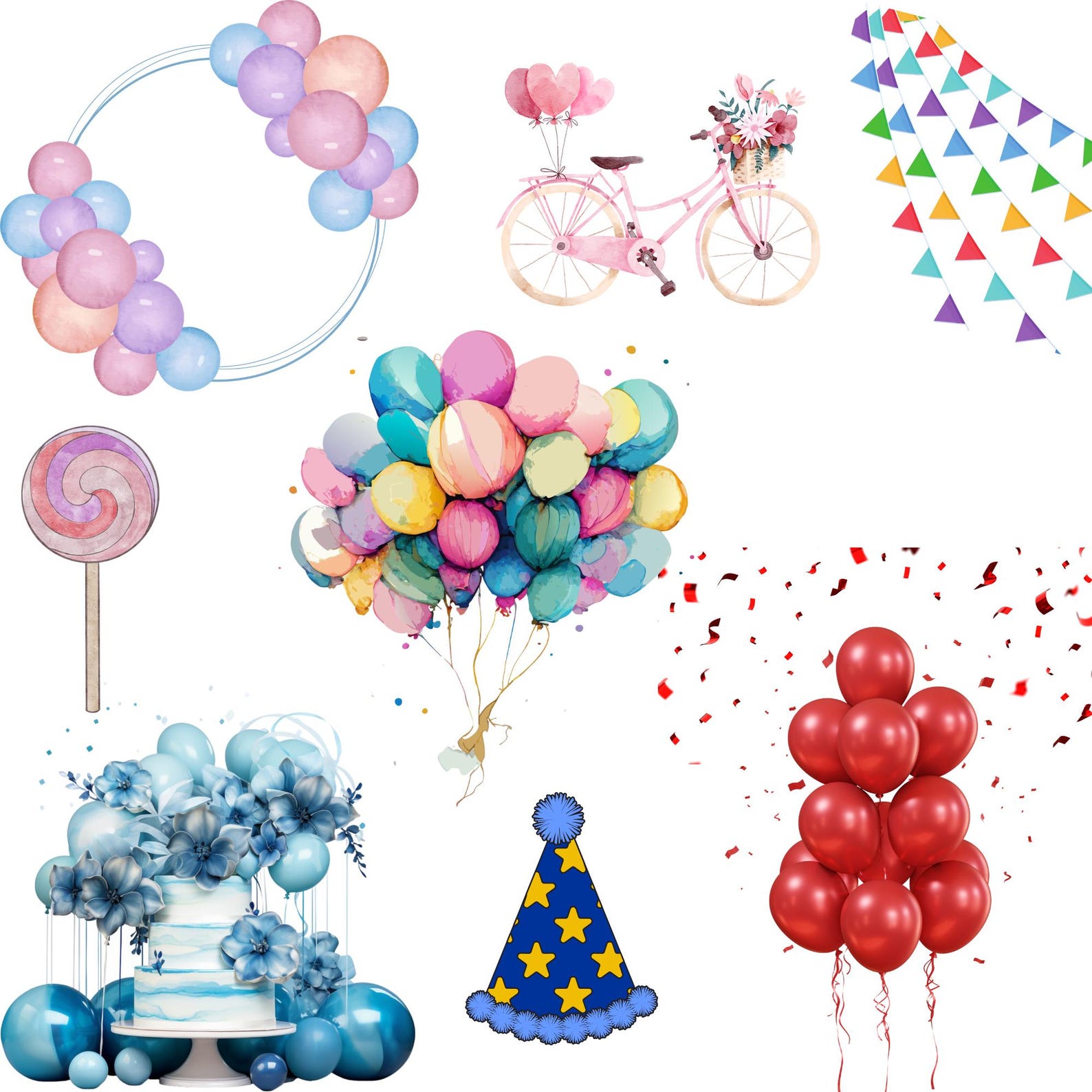 Watercolor Happy Birthday Clipart Set, Birthday Party PNG SVG, Balloons ...