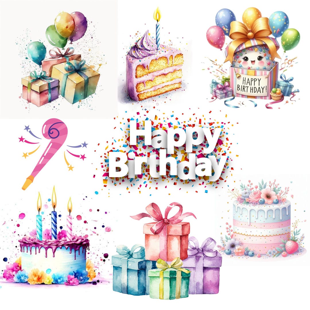 Watercolor Happy Birthday Clipart Set, Birthday Party PNG SVG, Balloons ...