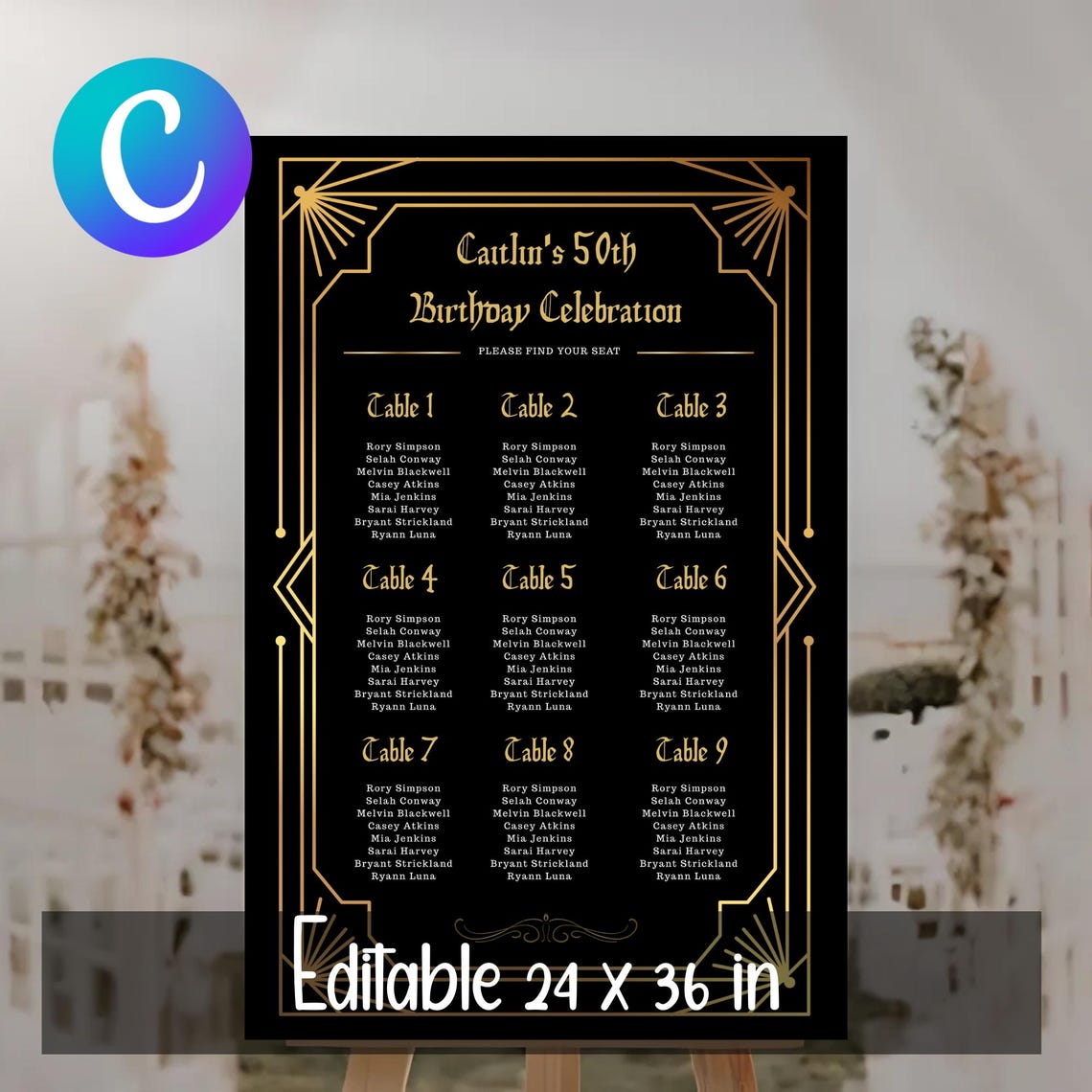 Editable Birthday Seating Chart, Black Gold Seating Sign, Elegant ...