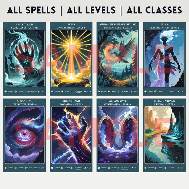 Dnd Spell Cards 5e Bundle Set Illustrated New Digital Download Dungeons ...