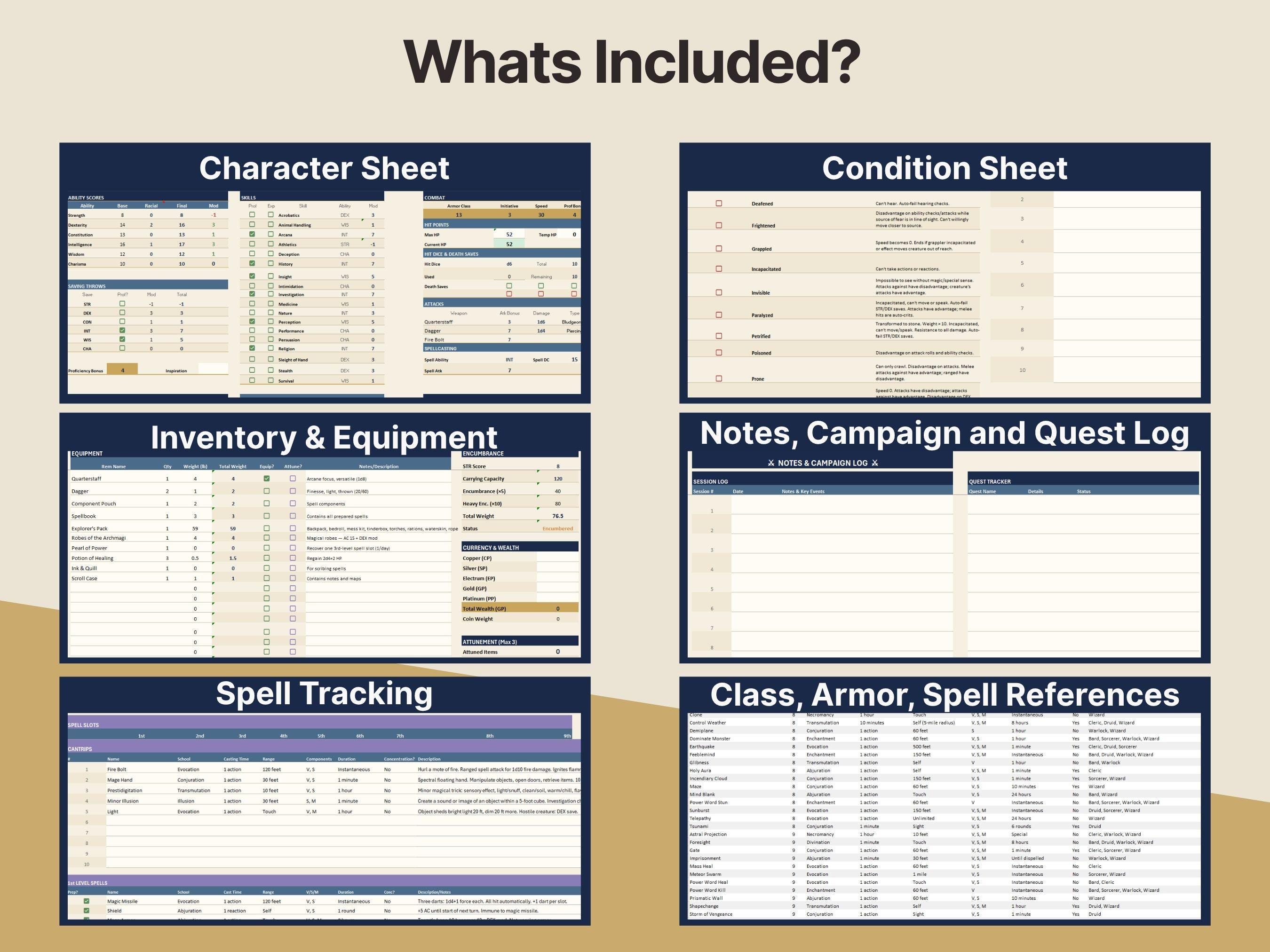Dnd 5e Character Sheet Excel Spreadsheet Automated Spells Inventory ...