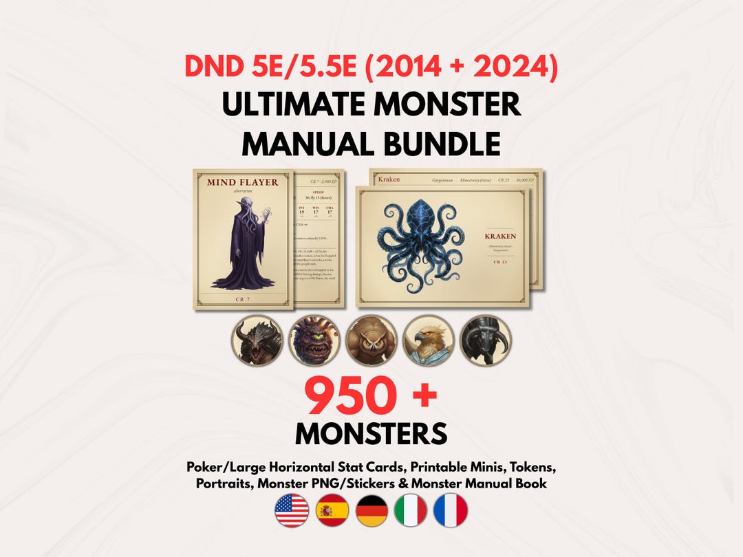 Dnd Monster Cards Bundle 5e 5.5e 2014 2024 Printable Statblock Dungeons ...