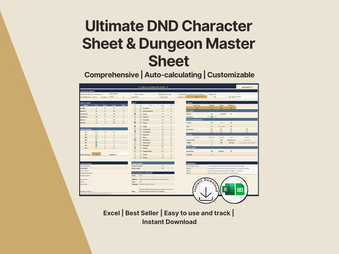 Dnd 5e Character Sheet Excel Spreadsheet Automated Spells Inventory ...