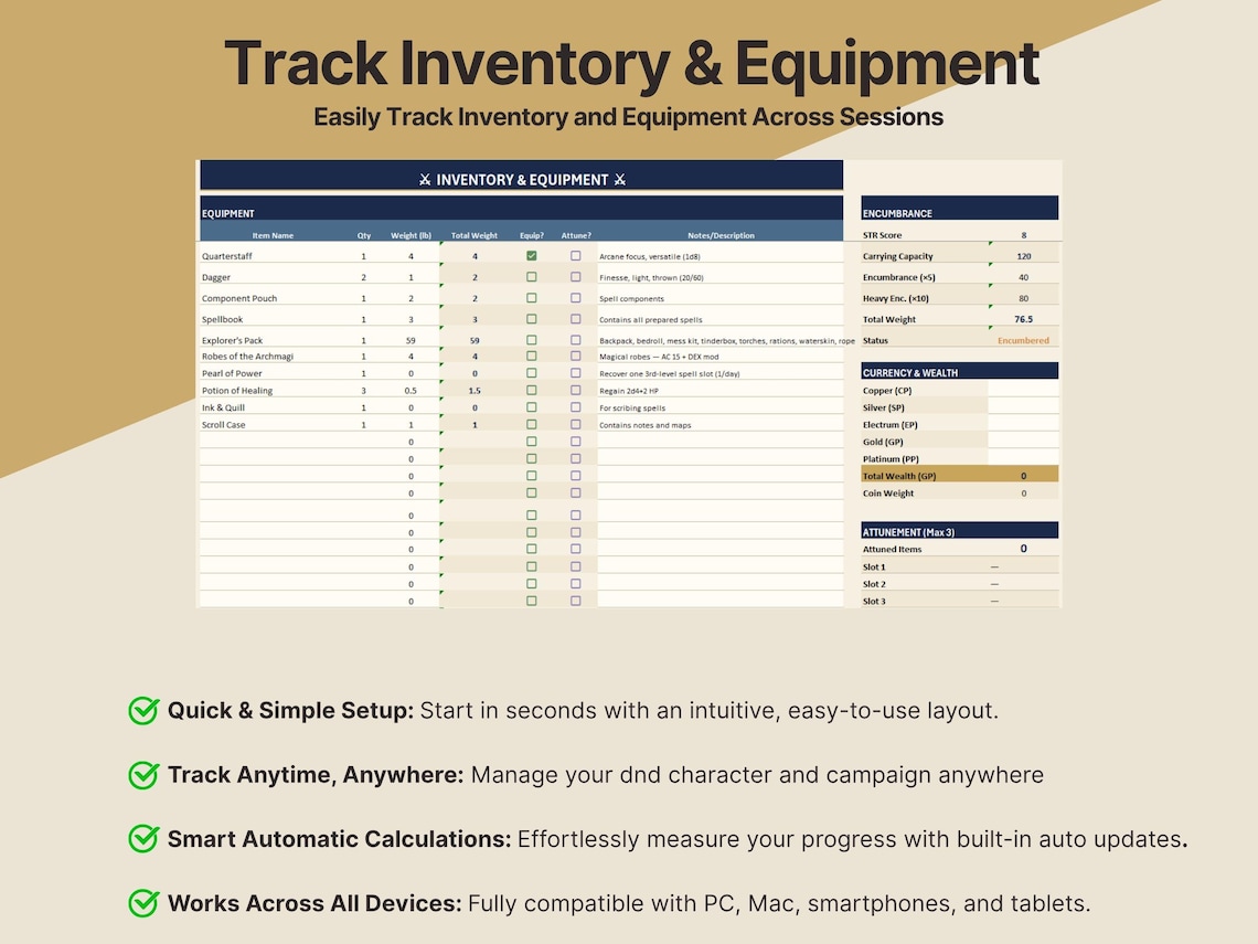 Dnd 5e Character Sheet Excel Spreadsheet Automated Spells Inventory ...