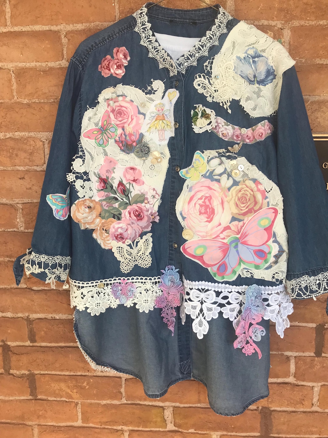 Reinvented Denim Shirt Jacket: Shabby Chic Roses, Butterfly & Lace - XL ...