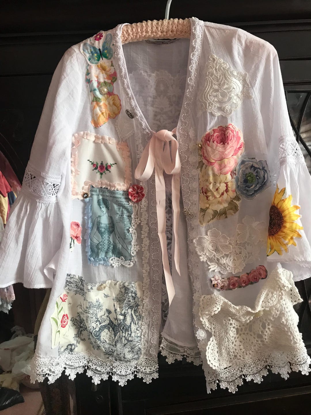 Art to Wear Artsy Womens Rose Applique Tattered Chic Jacket Reinvented ...