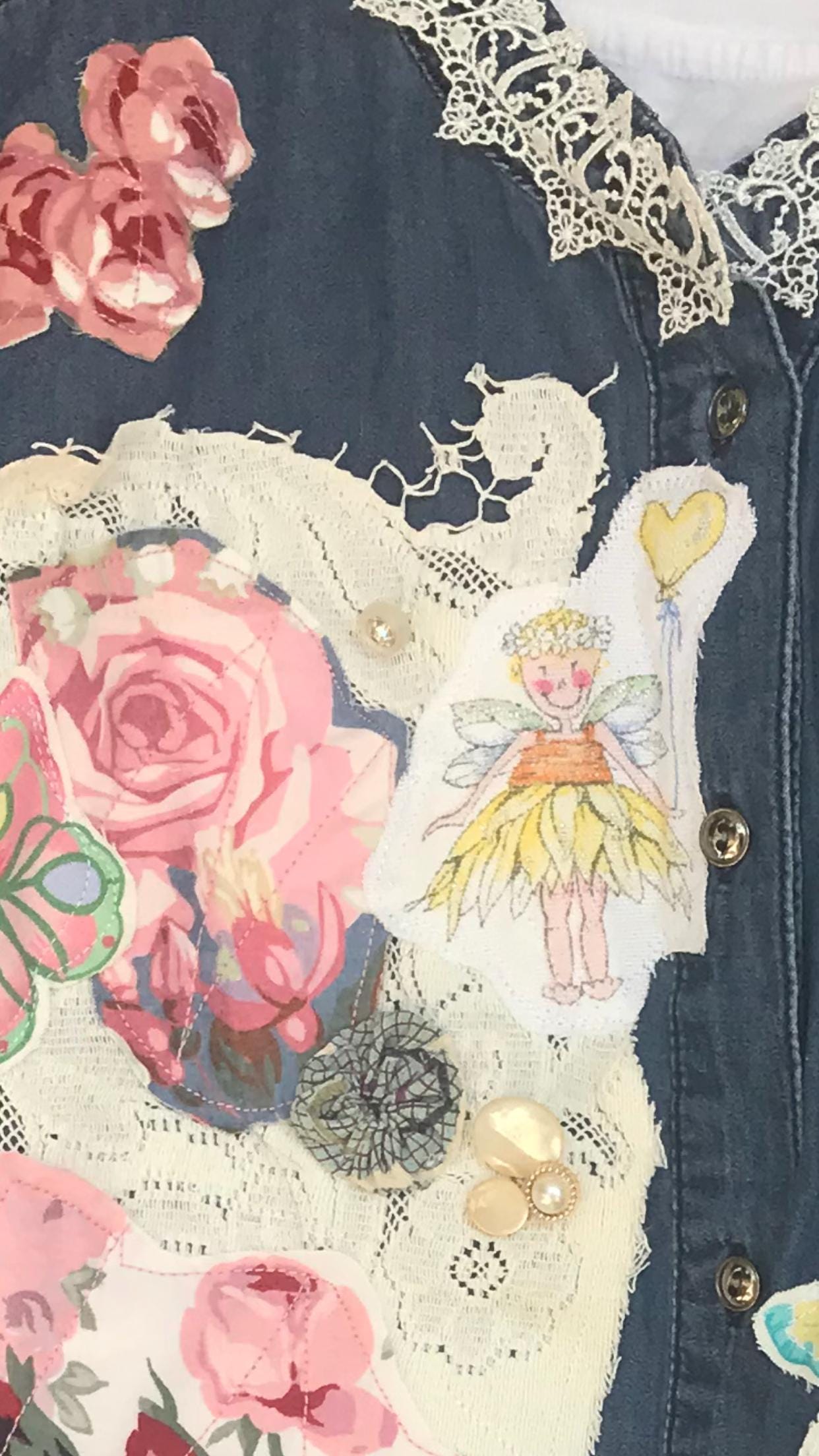Reinvented Denim Shirt Jacket: Shabby Chic Roses, Butterfly & Lace - XL ...