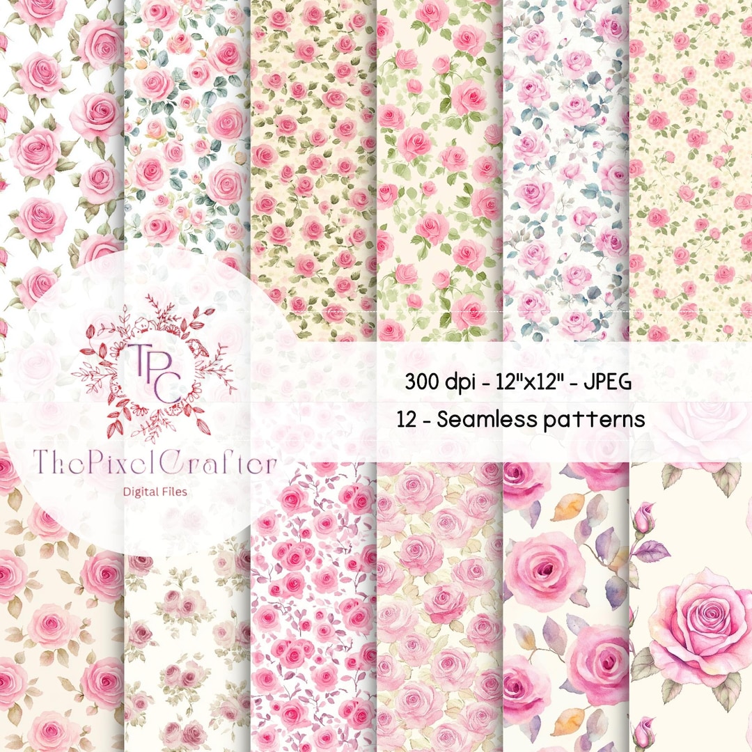 Shabby Chic Rose Watercolor Seamless Patterns: Vintage Floral Digital ...