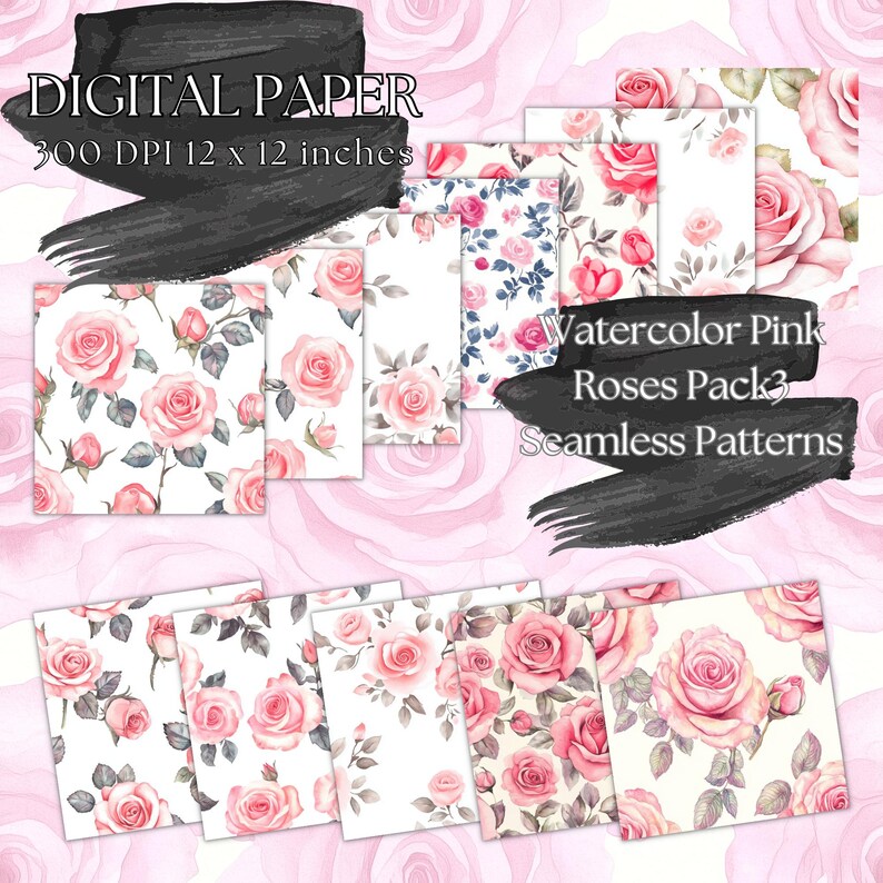 Watercolor Rose Seamless Patterns: Shabby Chic Digital Paper (digital ...
