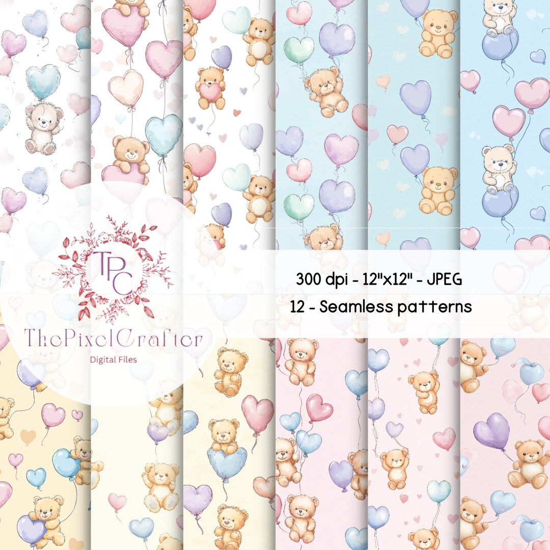 Pastel Valentines Bears, Teddy Bears and Balloon Hearts Seamless ...