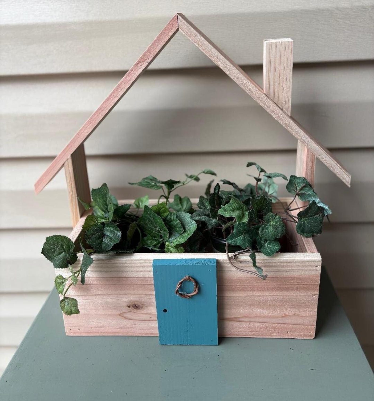 Rustic Cedar House Planter Box With Cute Blue Door Attached, Rustic ...