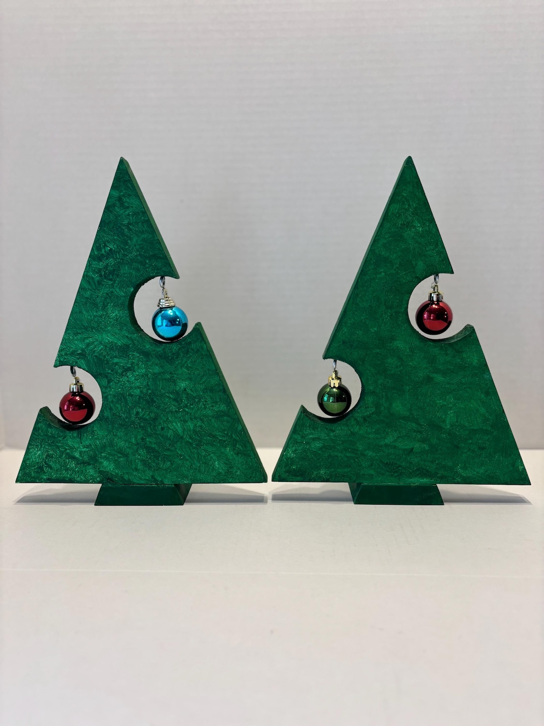 Green Rustic Wooden Tabletop Christmas Tree Set of Two With Ornament ...