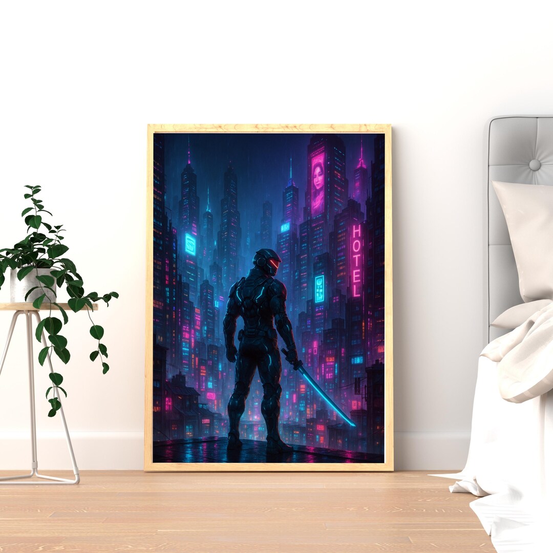 Neon Cyberpunk Wall Art Digital Download – Sci-fi Hero Poster for ...