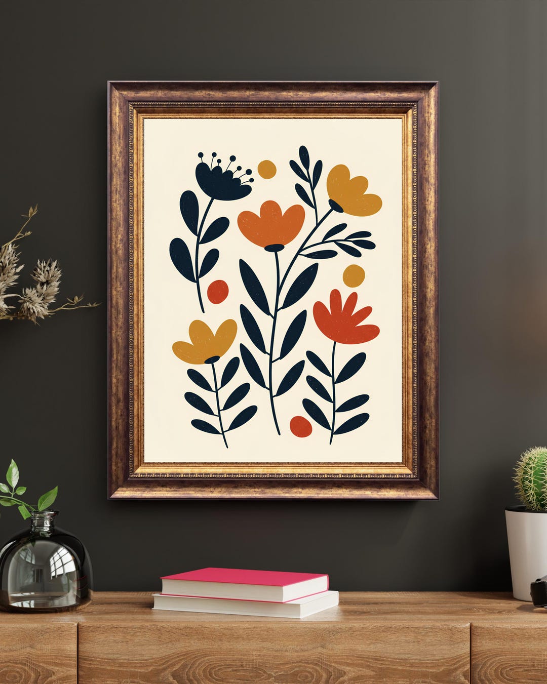 Boho Retro Floral Wall Art, Scandinavian Folk Art Botanical Print, Mid ...