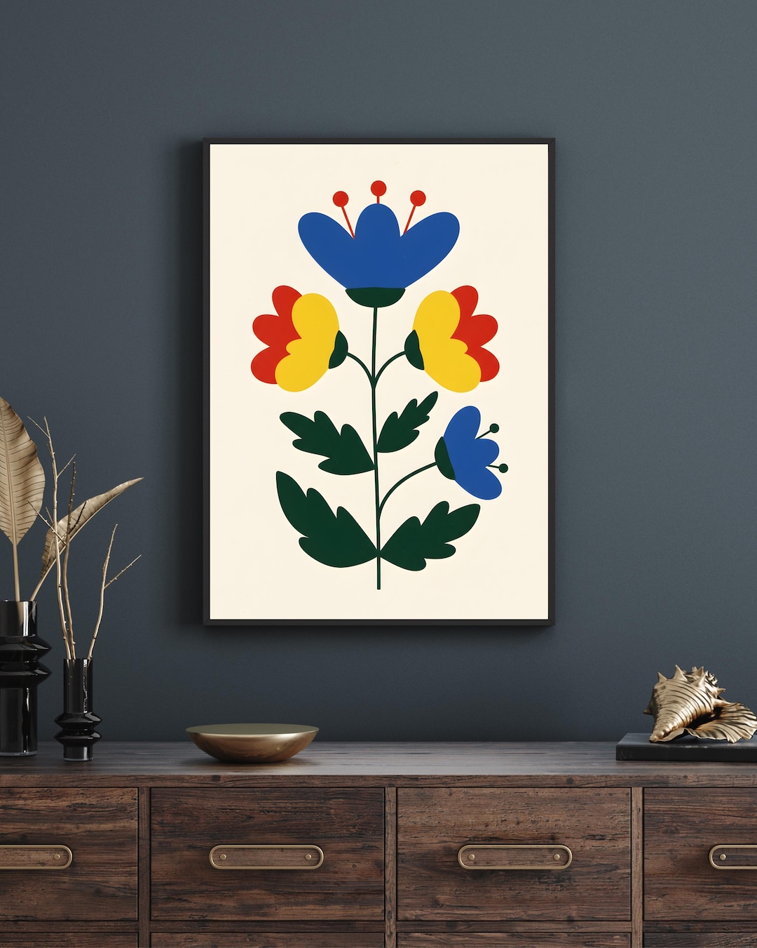 Scandinavian Folk Art Flower Printable Wall Art, Matisse Style Digital ...
