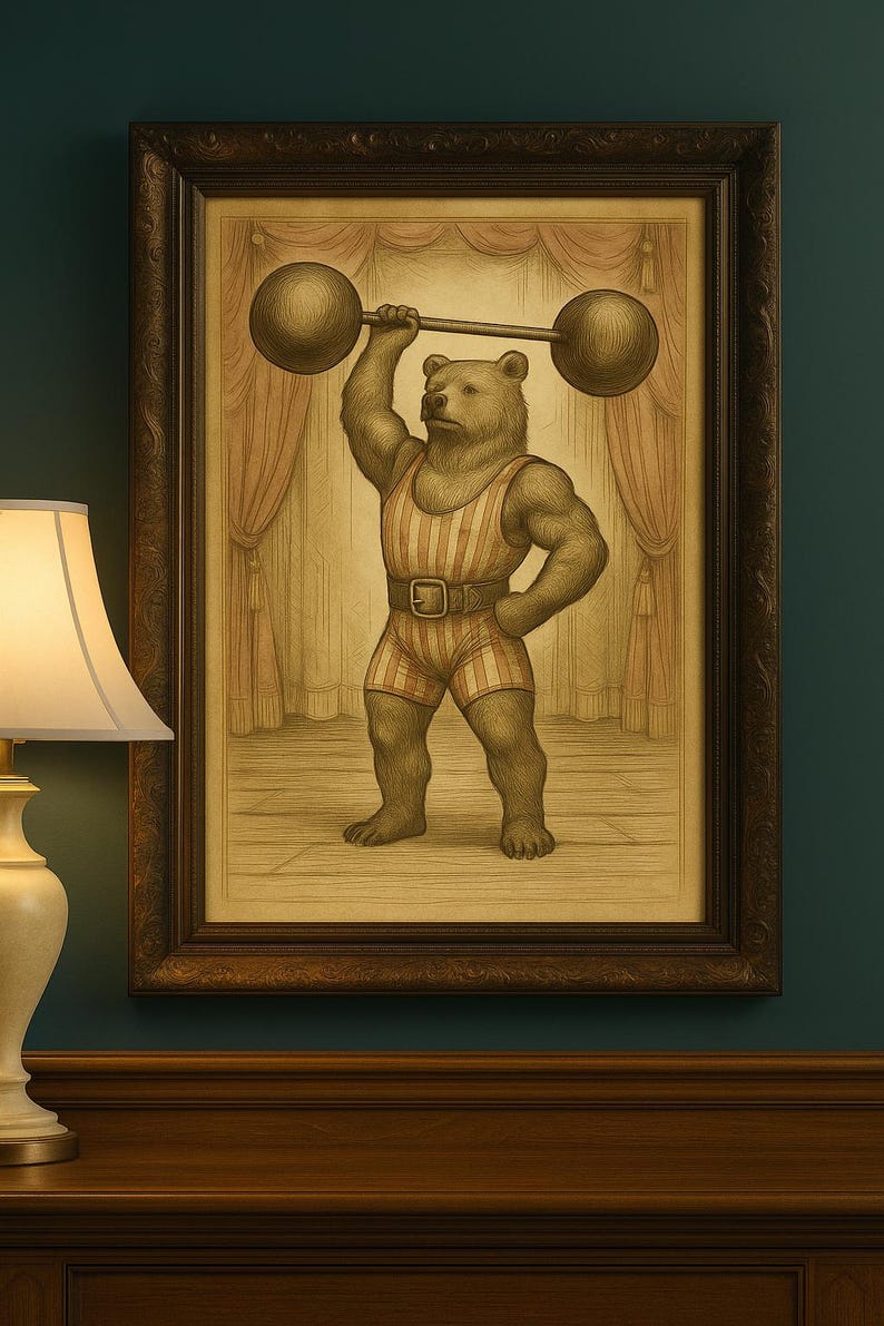 Victorian Bear Weightlifter Art Print, Circus Strongman (digital ...