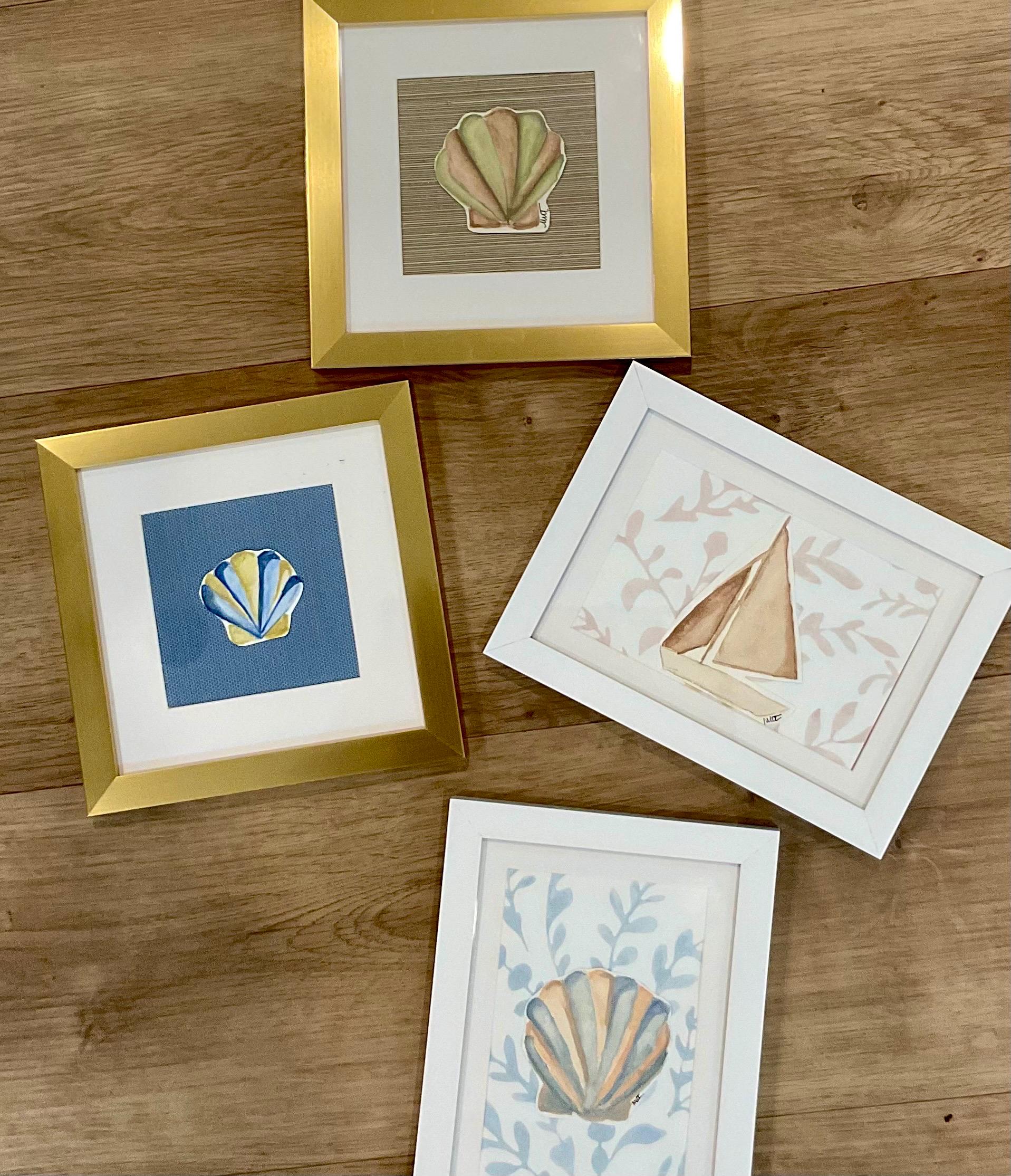 ORIGINAL Scallop Shell 6x6 FRAMED Painting Mounted on Grasscloth : Hand ...