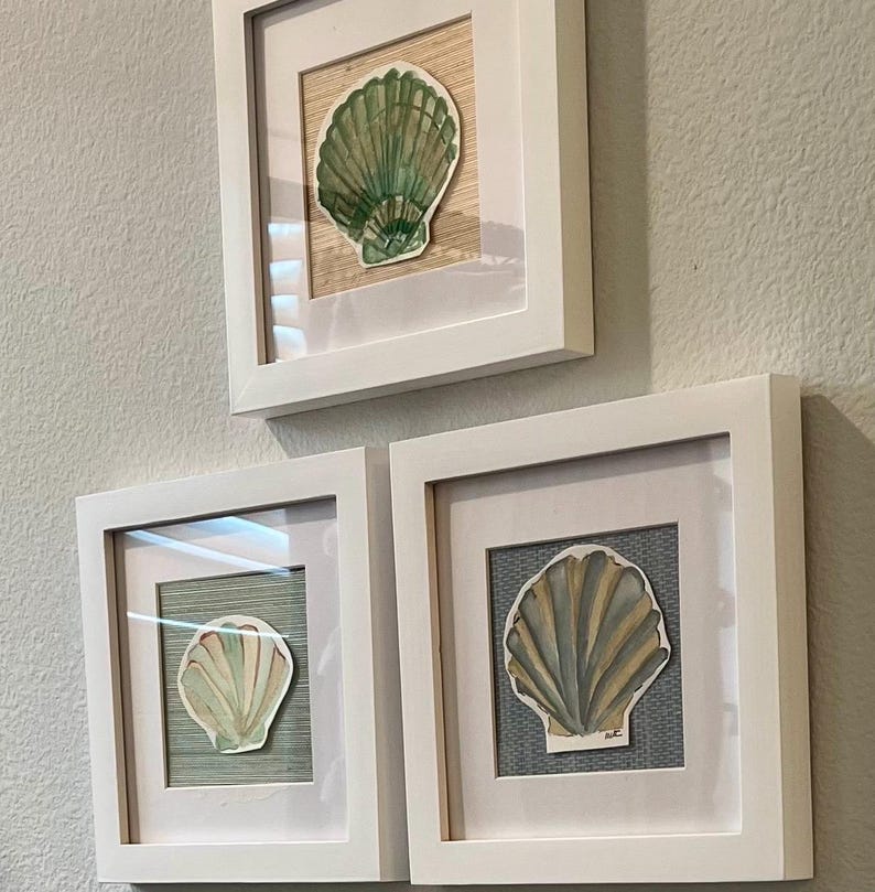 ORIGINAL Scallop Shell 6x6 FRAMED Painting Mounted on Grasscloth : Hand ...