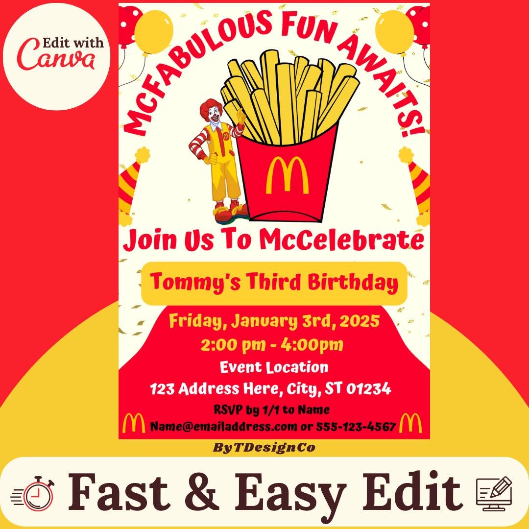 Mcdonald's Theme Invitation Template Mcfabulous Fun Awaits Birthday ...