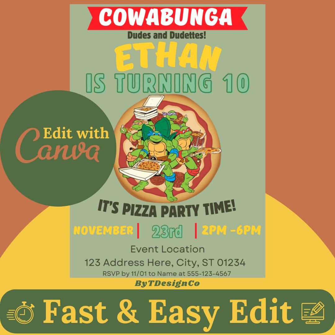 Teenage Mutant Ninja Turtles Birthday Party Invitation Cowabunga Pizza ...