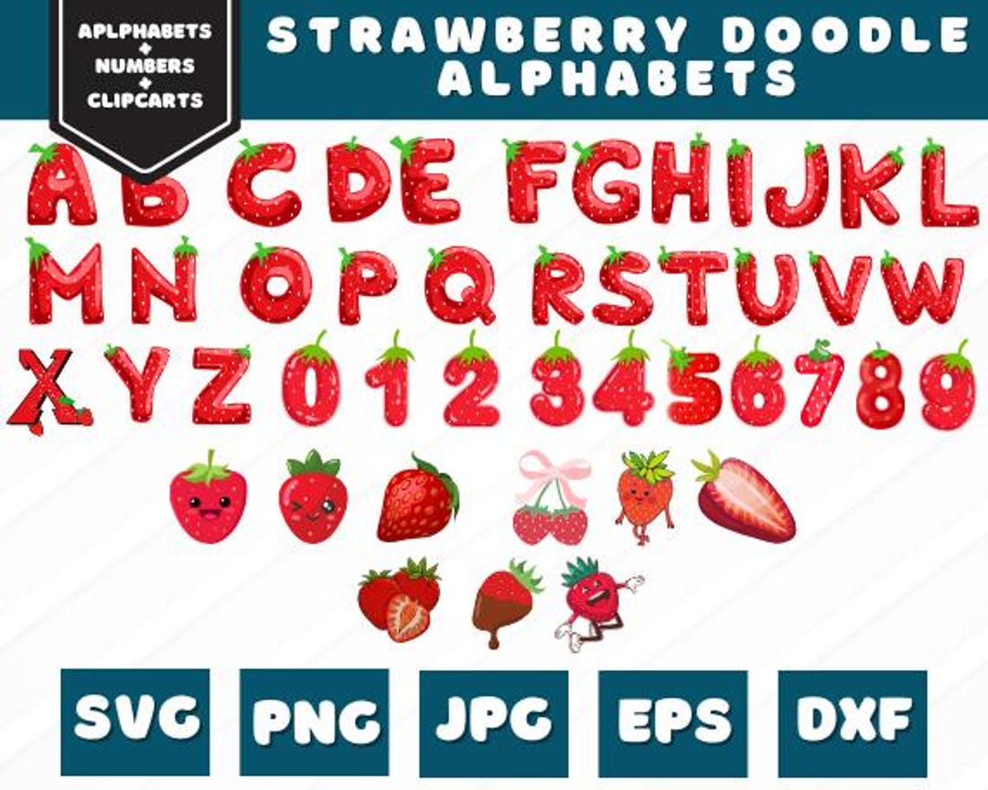 Strawberry Doodle Alphabet Bundle, Summer Fruits PNG Letters, Numbers ...