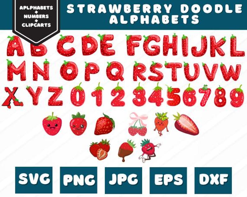 Strawberry Doodle Alphabet Bundle, Summer Fruits PNG Letters, Numbers ...